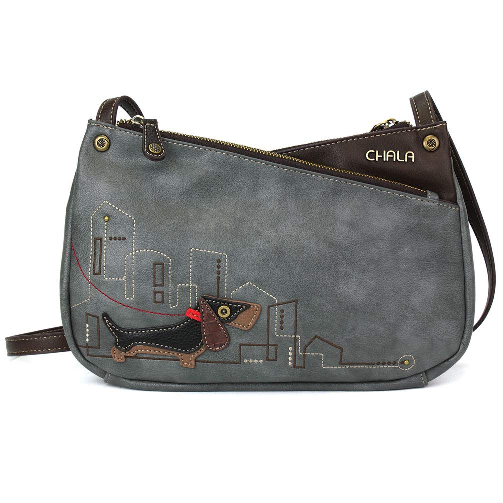 Chala Handbags Wiener Dog Dachshund Criss Cross Crossbody Handbag Purse Grey