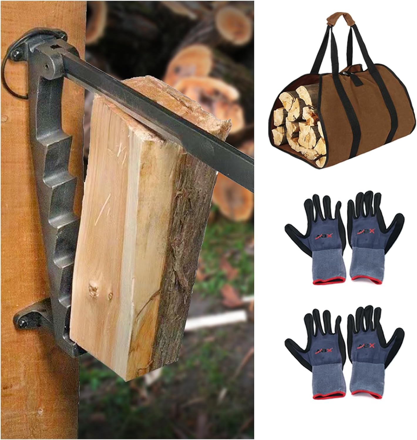 ABX Kindling Splitter, Log Splitter, Wood Splitter Cutter Heavy Duty, Wall Mounted Carbon Steel Firewood Splitter, with Firewood Storage Bag*1, Storage Loop*1, Gloves*2