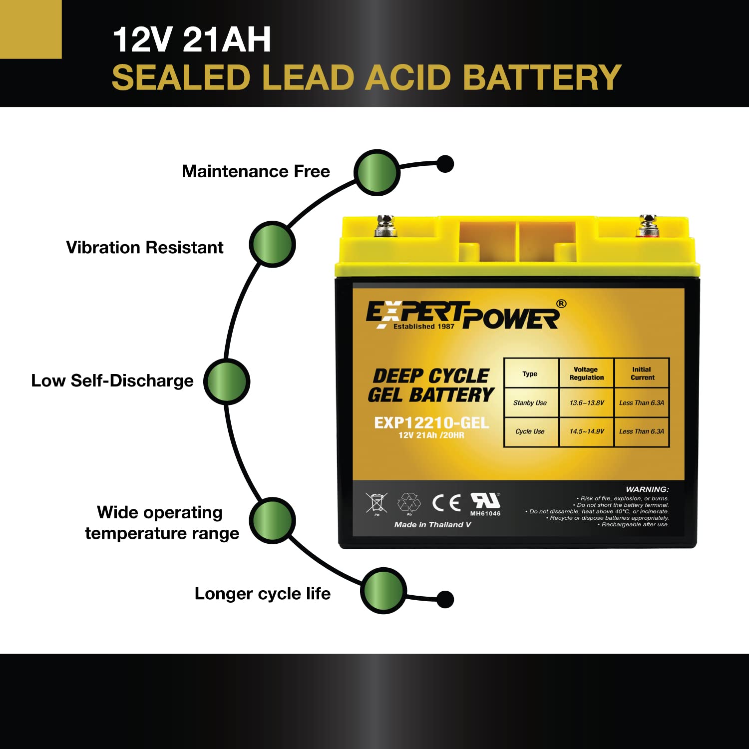 ExpertPower 12V 21AH Gel Deep Cycle lead acid Battery