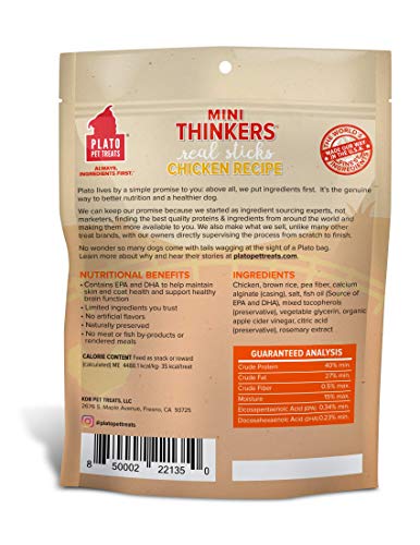 PLATO Mini Thinkers Sticks - Natural Dog Treats - Real Meat - Air Dried - Made in the USA, Chicken Flavor, 6 ounces