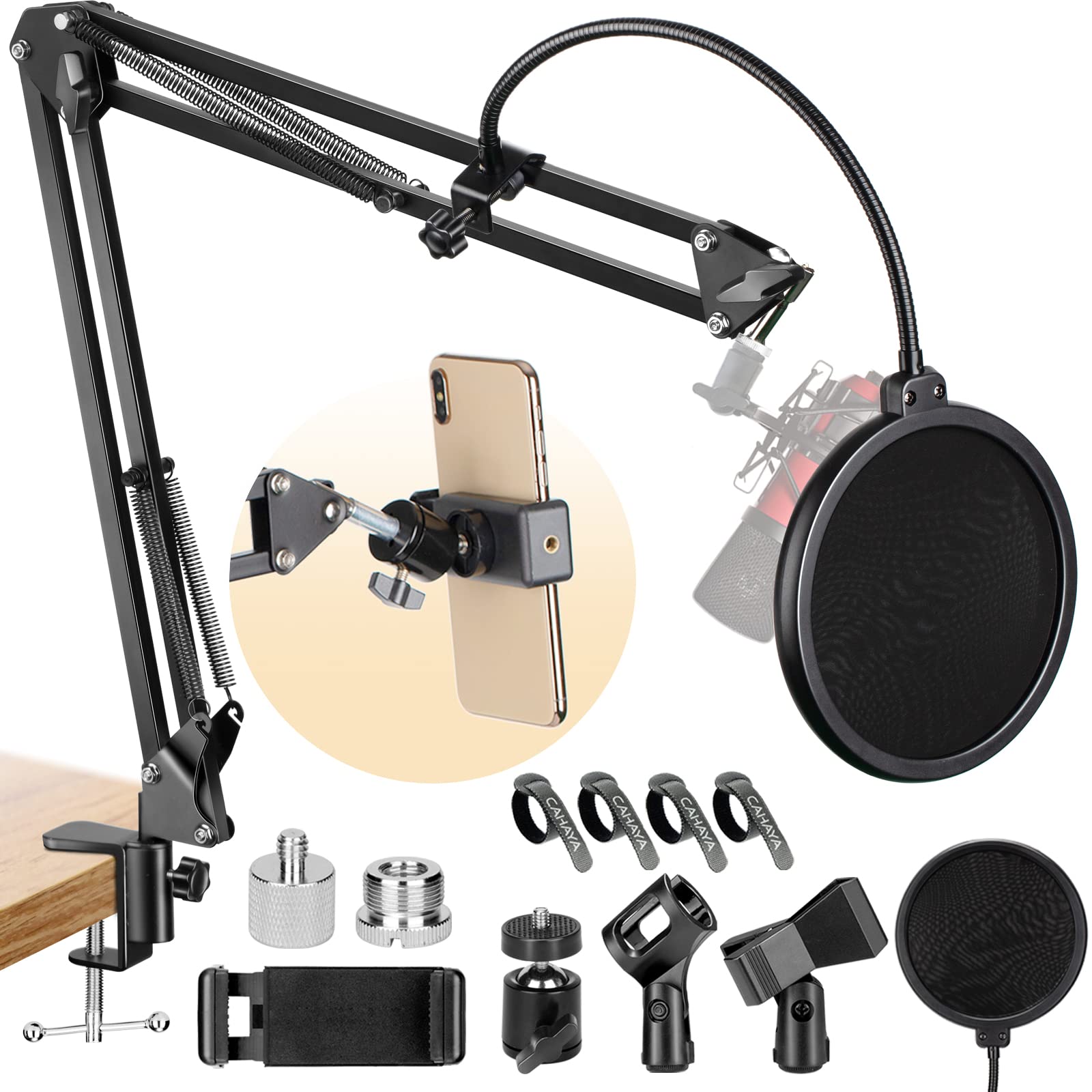 CAHAYA 2 in 1 Microphone Arm Stand and Phone Stand with Pop Filter 2 Mic Clip and 3/8" to 5/8" Adapter Heavy Duty Adjustable Suspension Boom Scissor Microphone Stand for Blue Yeti Snowball CY0263-1