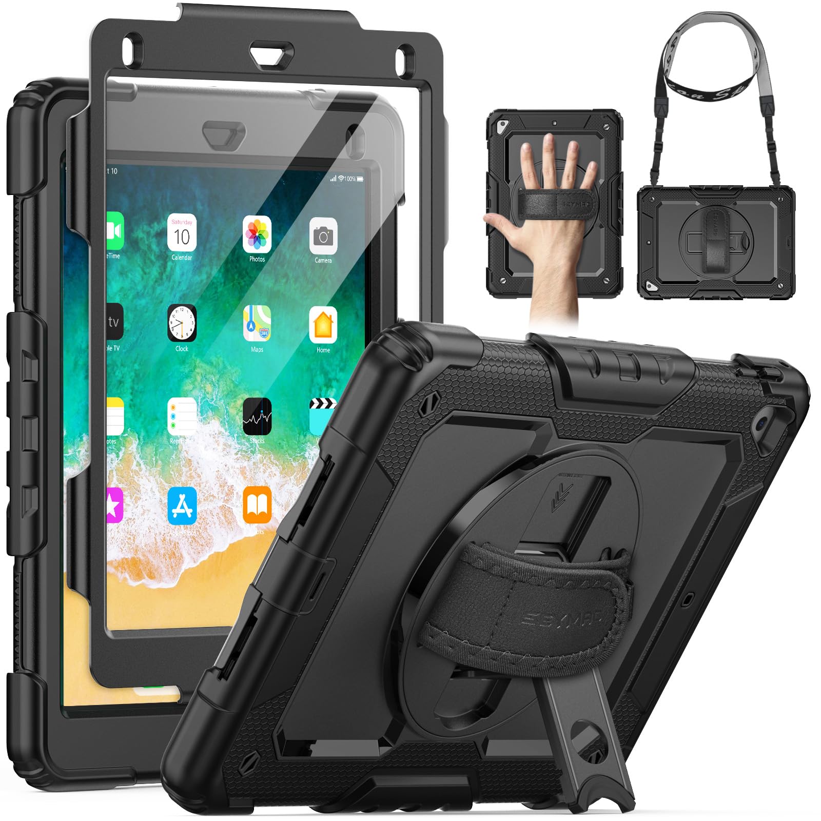 SEYMAC Case for iPad 6th/5th Generation Case 9.7 Inch, Full-Body Shockproof Heavy Duty Protective Case with Screen Protector, Rotating Stand/Hand/Shoulder Strap for iPad Air 2/ Pro 9.7, Black