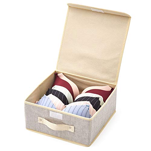 EZOWare 4-Pack Small Fabric Storage Basket Bin with Lid, Collapsible Storage Box Cube Organizer Container for Nursery, Closet, Bedroom - 10.5 x 10.5 x 5 inches, (Gray & Beige)