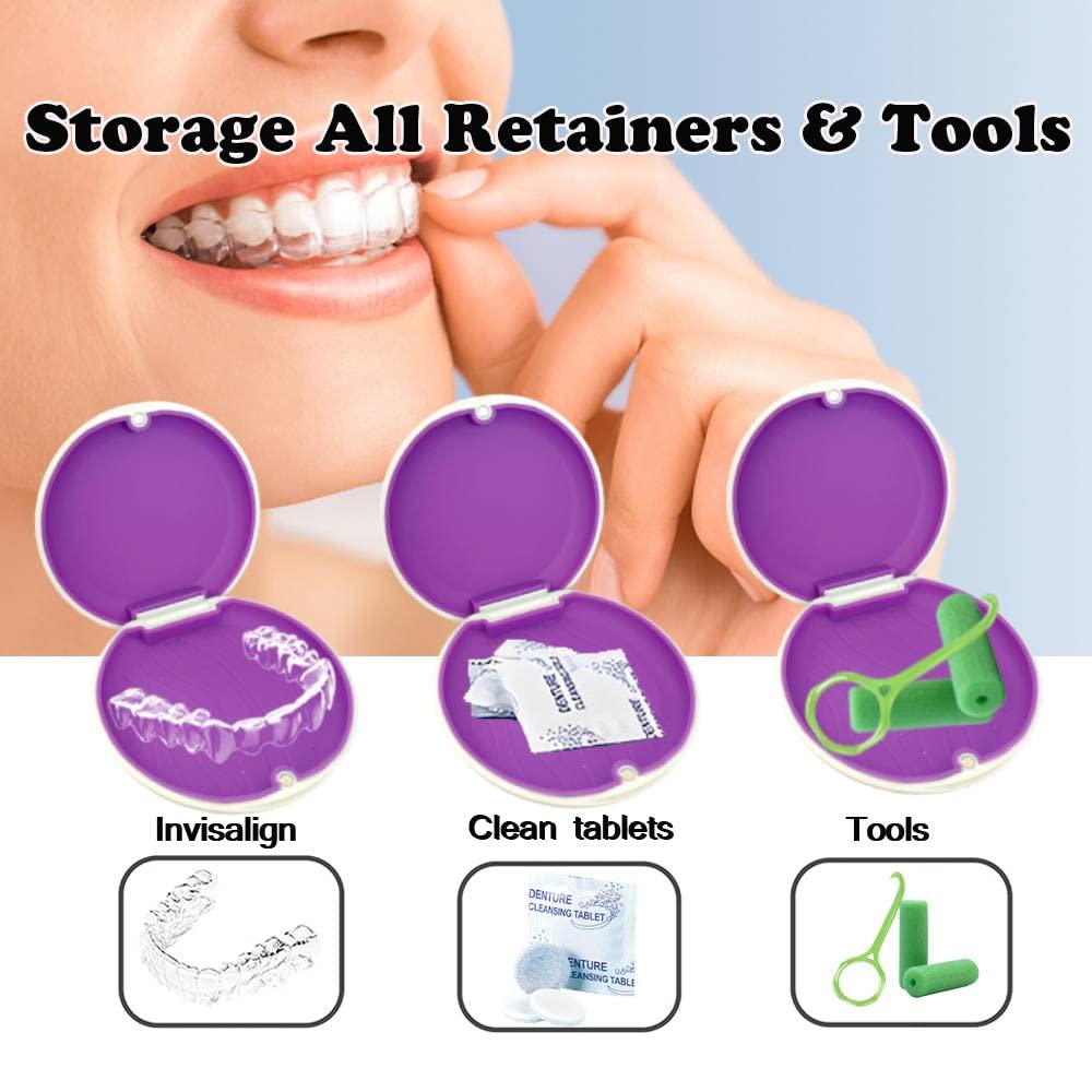 Alliph Slim Retainer Case with Mirror Brush Cute Retainer Holder Mouth Guard Case Magnetic Close Denture Case with Removal Tools 1 Chewies and Brush
