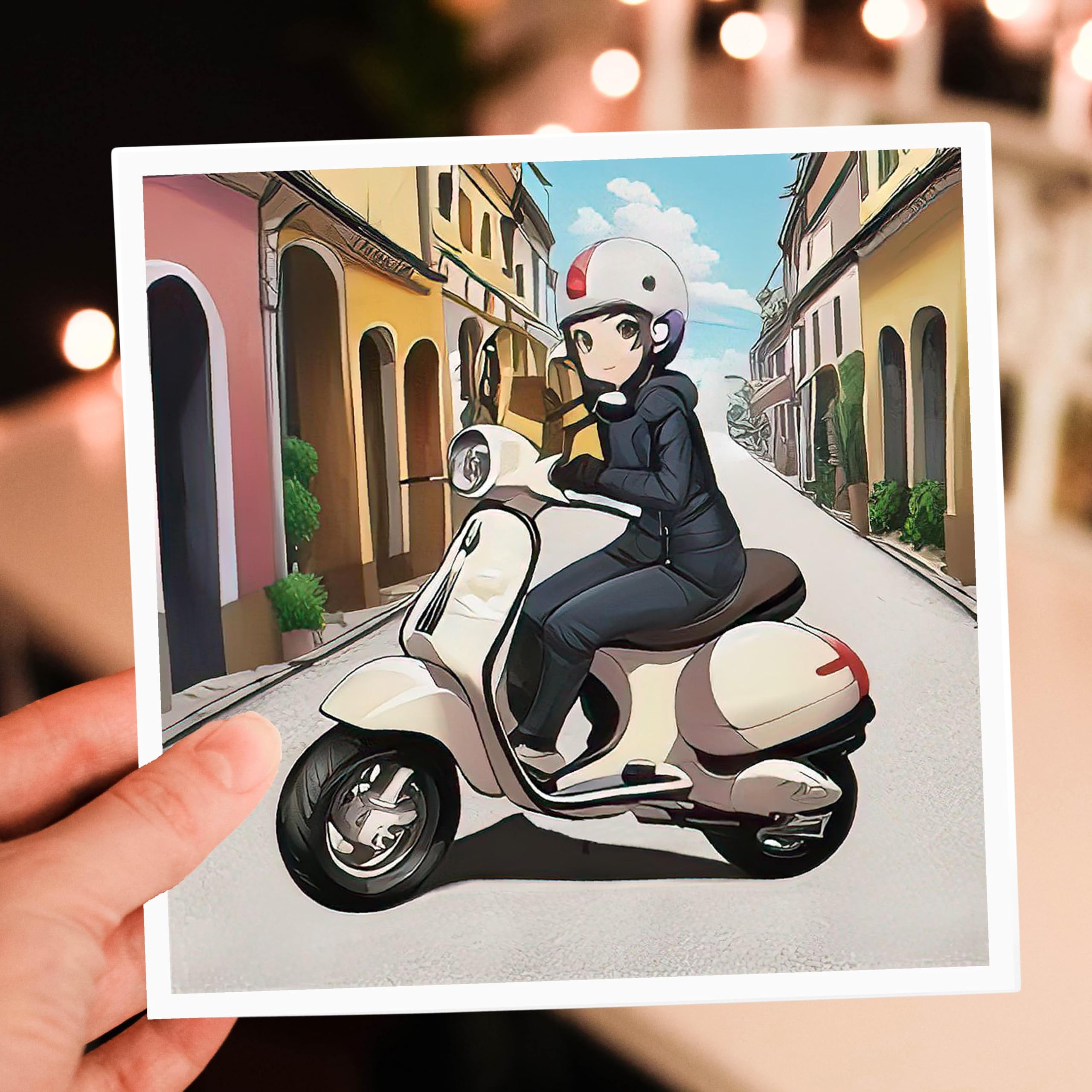 3dRose Greeting Card - A funny cartoon boy in helmet drives white scooter. Funny digital art - Alexis Design - Transport Scooters