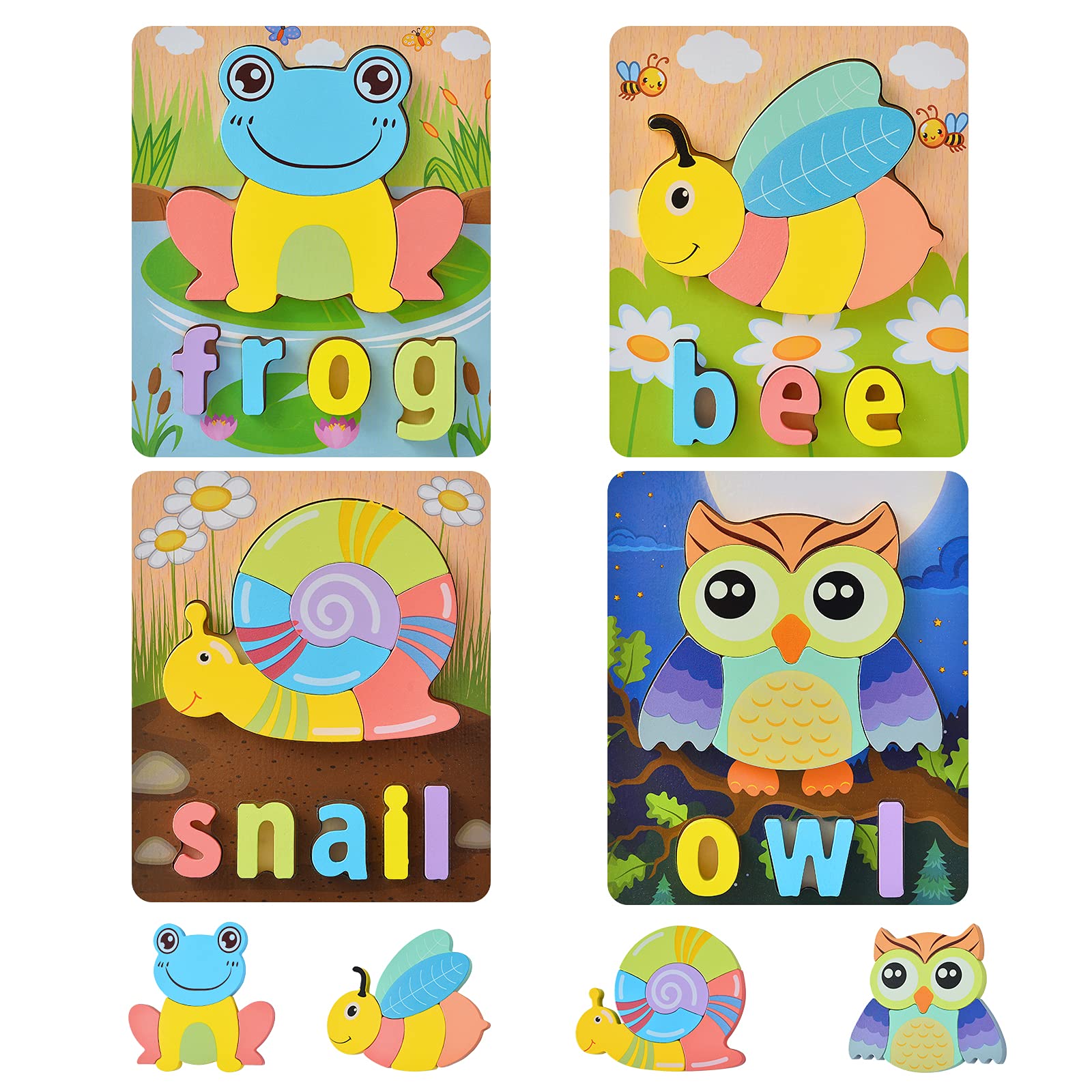 Cheerlyhood Toddler Jigsaw Puzzles Wooden Montessori Educational Preschool Learning Toys Frog Bee Snail Owl 4 Pack