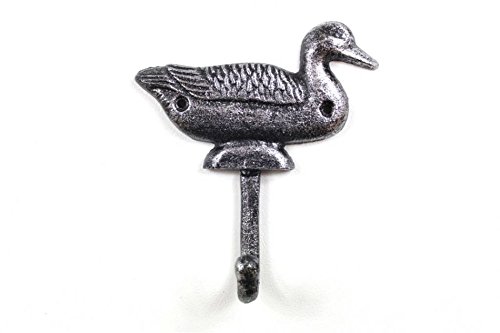 Handcrafted Nautical Decor Rustic Silver Cast Iron Mallard Duck Wall Hook 6" - Metal Wall Hook - Beach Coa