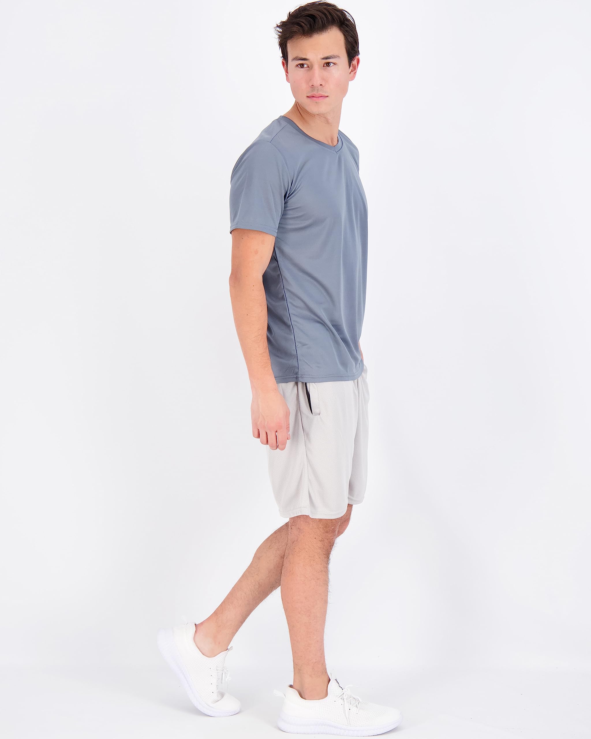 5 Pack: Men’s V Neck Mesh Active T-Shirt Essentials Performance Workout Gym Training Quick Dry Fit Dri Breathable Short Sleeve Under Shirt Athletic Sport Fitness Exercise Running Top SPF,Set 4-L