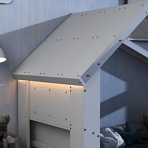 AnwickNomo Solid Wood Twin Canopy Platform Bed Frame with Roof Window and LED Light, Twin House Floor Bed Frames for Kids, Boys, Girls, Teens, Mattress Foundation, No Box Spring Needed (White)