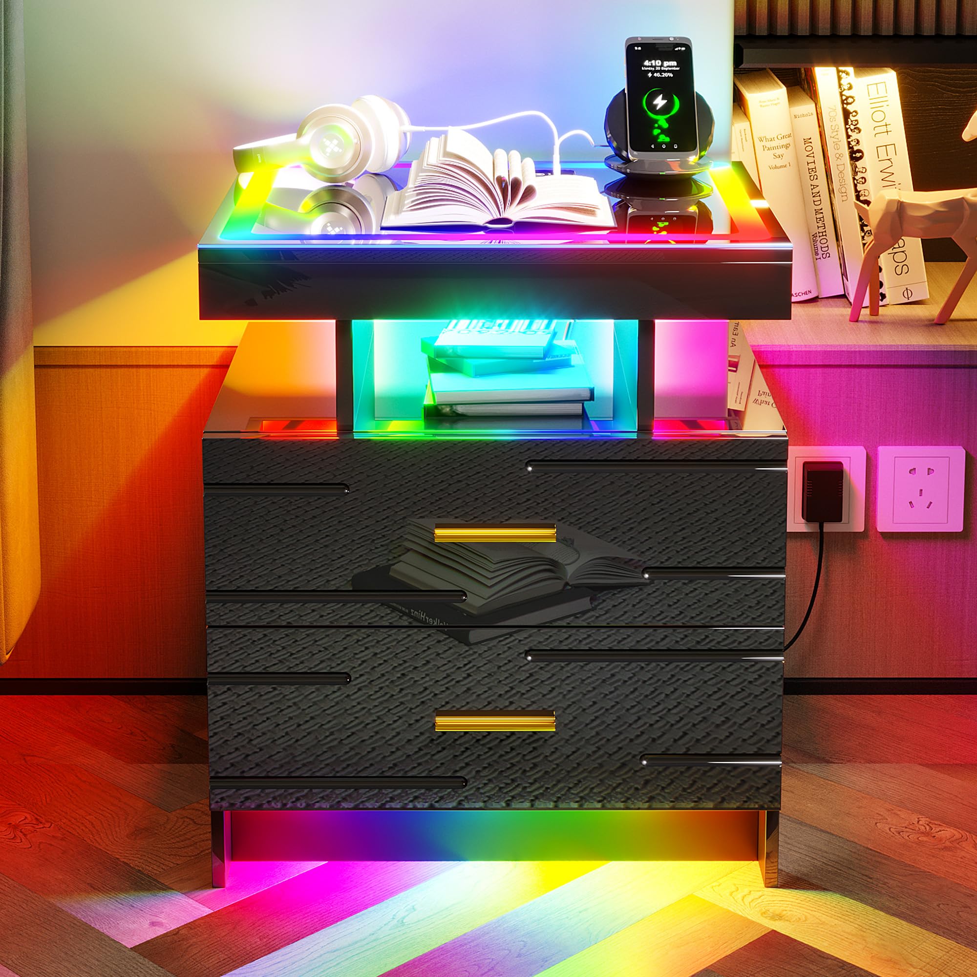 vkcc NightStand with LED Lights and Charging Station, Smart Night Stand with Auto Human Sensor, End Table with 2 Drawers, High Glossy Bedside Table for Bedroom Dorm, Black