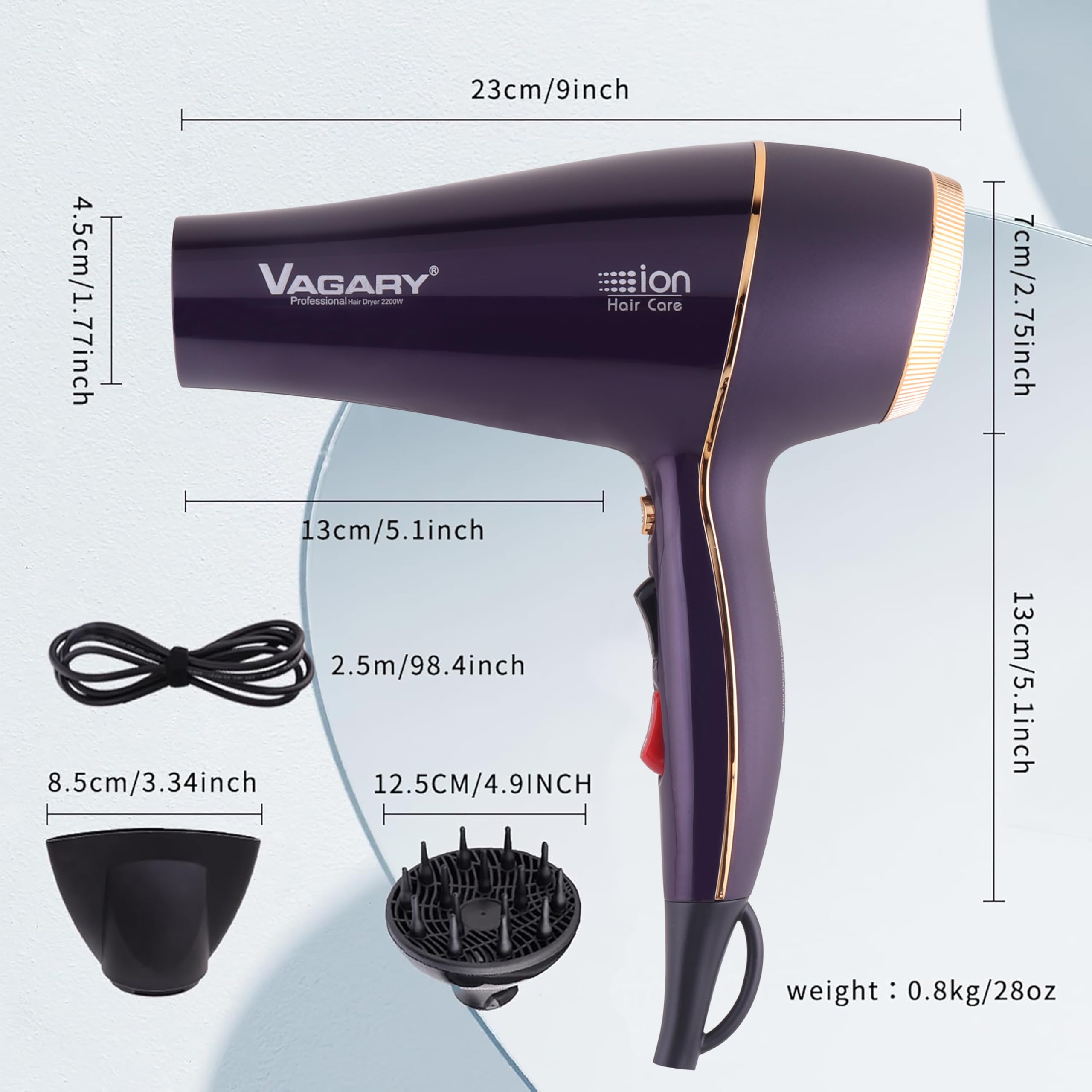VAGARY 6690A Salon Pro Hair Dryer for Women,2200w Powerful AC Motor Fast Drying, Ionic Blow Dryer for Thick Hair,2 Speeds and 2 Heat Settings 1 Cool Shot Button(1 Diffuser and 1Concentrator)