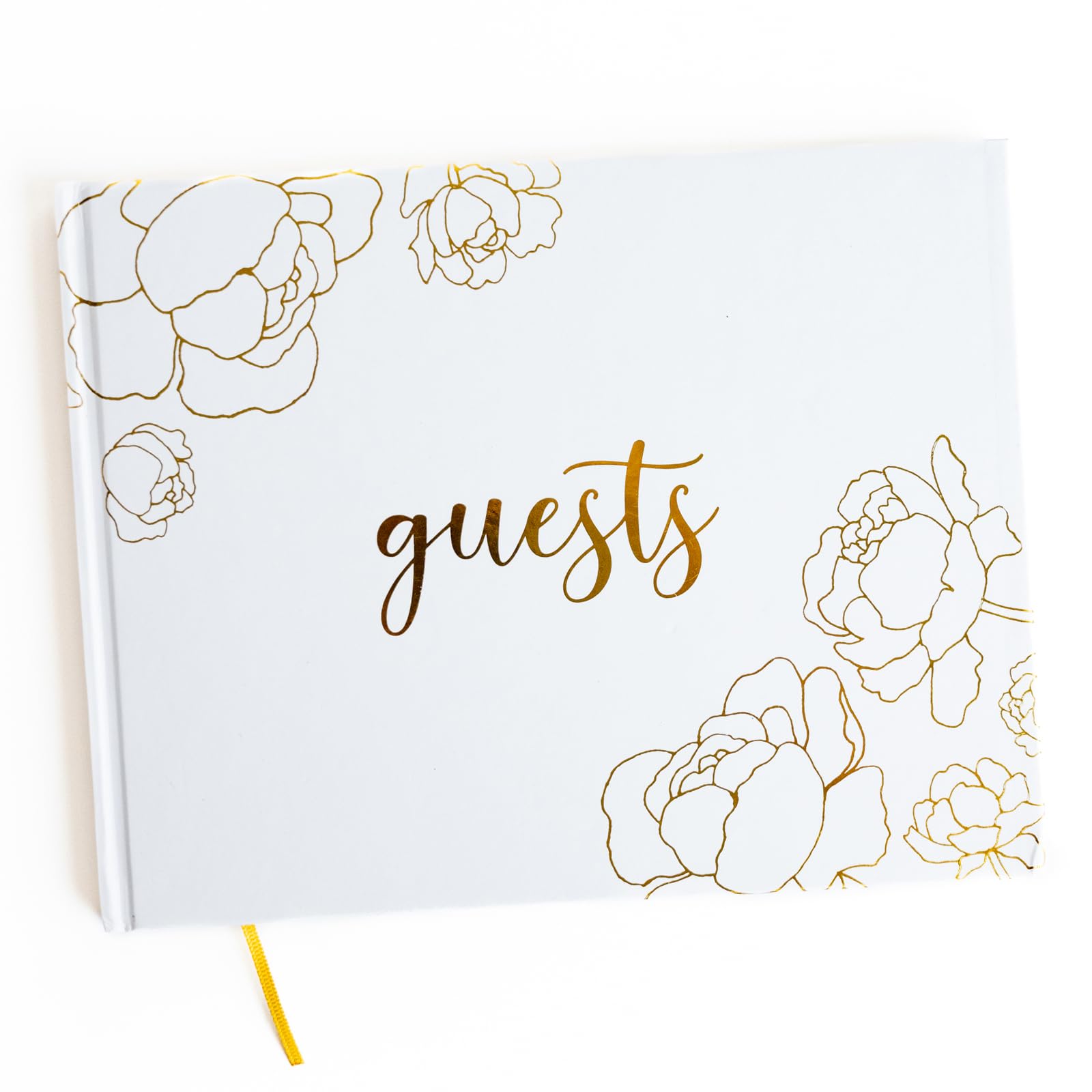 GSM Brands Wedding Guest Book, Simple Flower Bloom Line Art, 9 x 7 60 Lined Guestbook Pages, Elegant Gold Foil Embossed Design with Gold Page Edges
