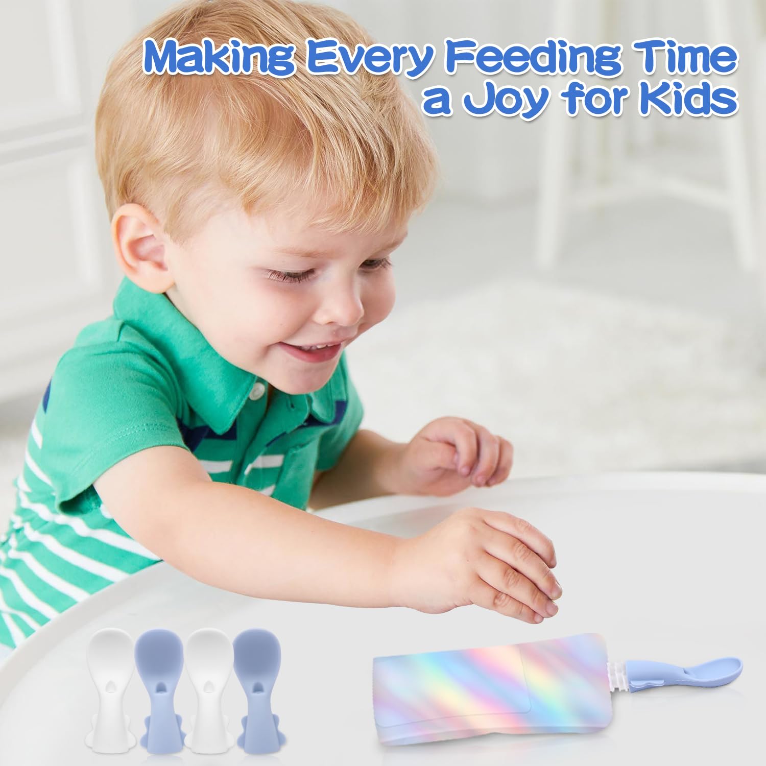 Leak-Proof Silicone Baby Spoon Topper: Easy Attach Spoons for Infant Food Pouches, Includes Baby Spoons, Spoon Silicone, and Squeeze Pouch Attachments, (Blue-White)