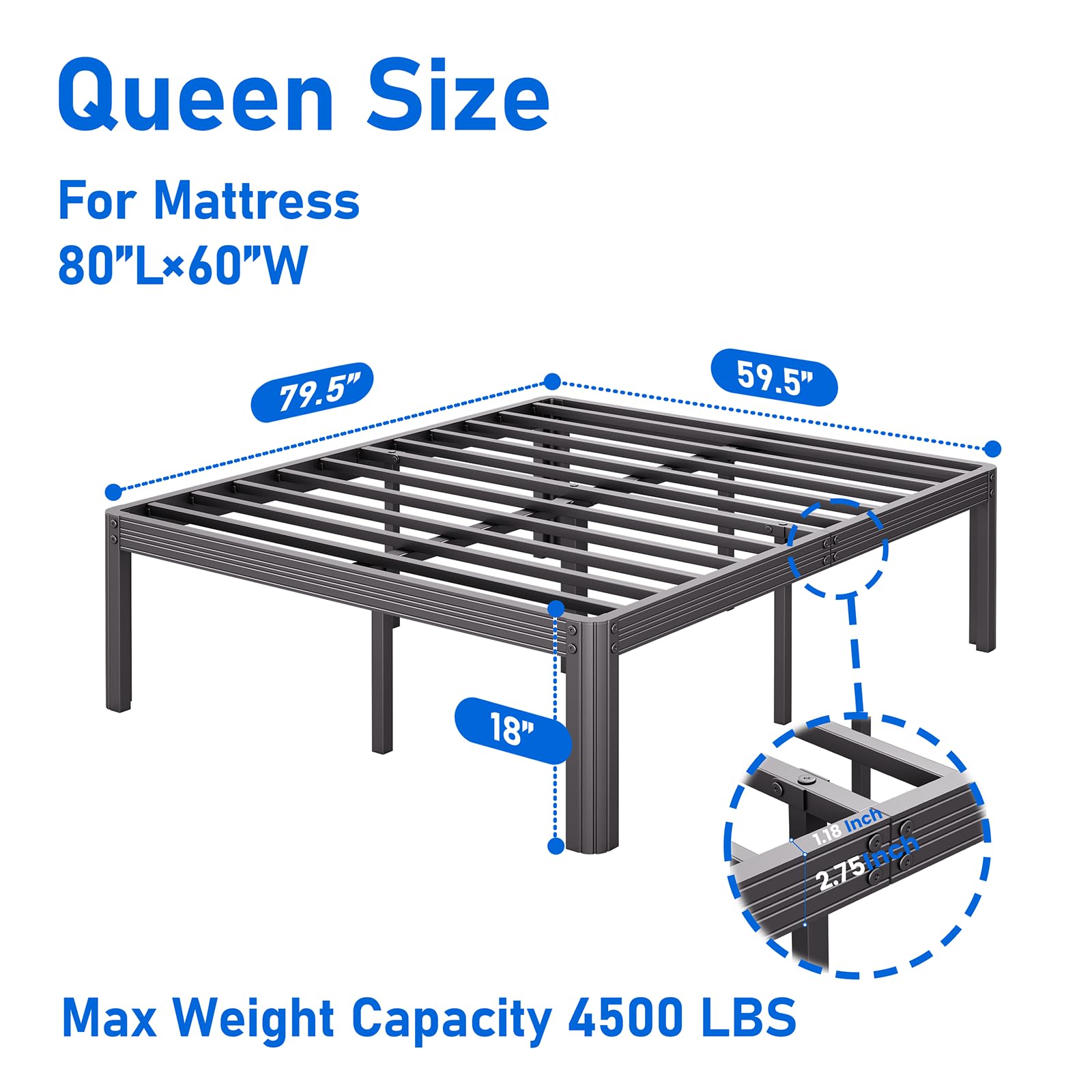 Askeld Queen Bed Frames, 18 Inch High Bedframe No Box Spring Needed, Heavy Duty Steel Slats Platform Mattress Base, 4500lbs Weight Capacity Reinforced Metal Frame, Noise-Free, Easy Assembly, Black