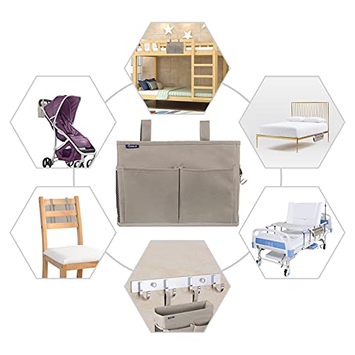 Surblue Bedside Caddy Hanging Bed Organizer Storage Bag Pocket for Bunk and Hospital Beds, College Dorm Rooms Baby Bed Rails, Camp 4 Pockets and 2 Hooks (Small, Gray)