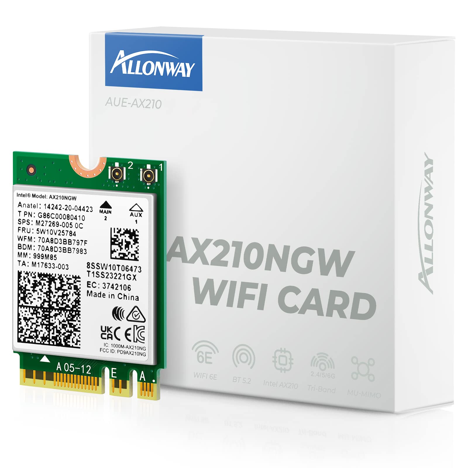 ALLONWAY AX210NGW WiFi Card, IntelWi-Fi 6E 802.11ac/ax WiFi 6e Module Expand to 6GHz MU-MIMO Tri-Band Internal Network Card with Bluetooth 5.2 for Laptop and PC, M.2/NGFF, Support Windows 10/11 64bit