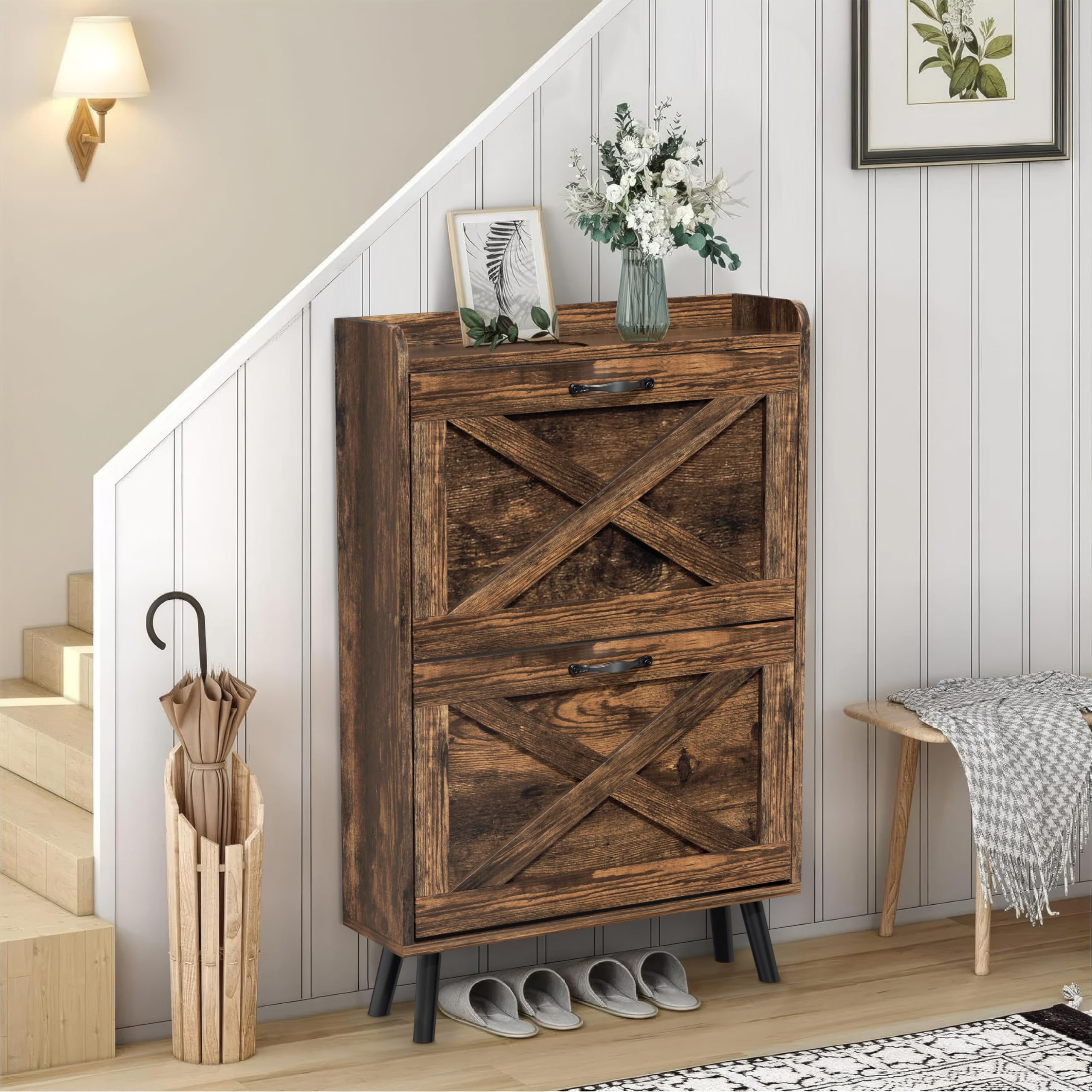 Incbruce Shoe Storage Cabinet with 2 Flip Drawers, Freestanding Ultra-Thin Shoe Cabinet with Wooden Legs for Entryway, Hallway, Bedroom (Brown - Small)