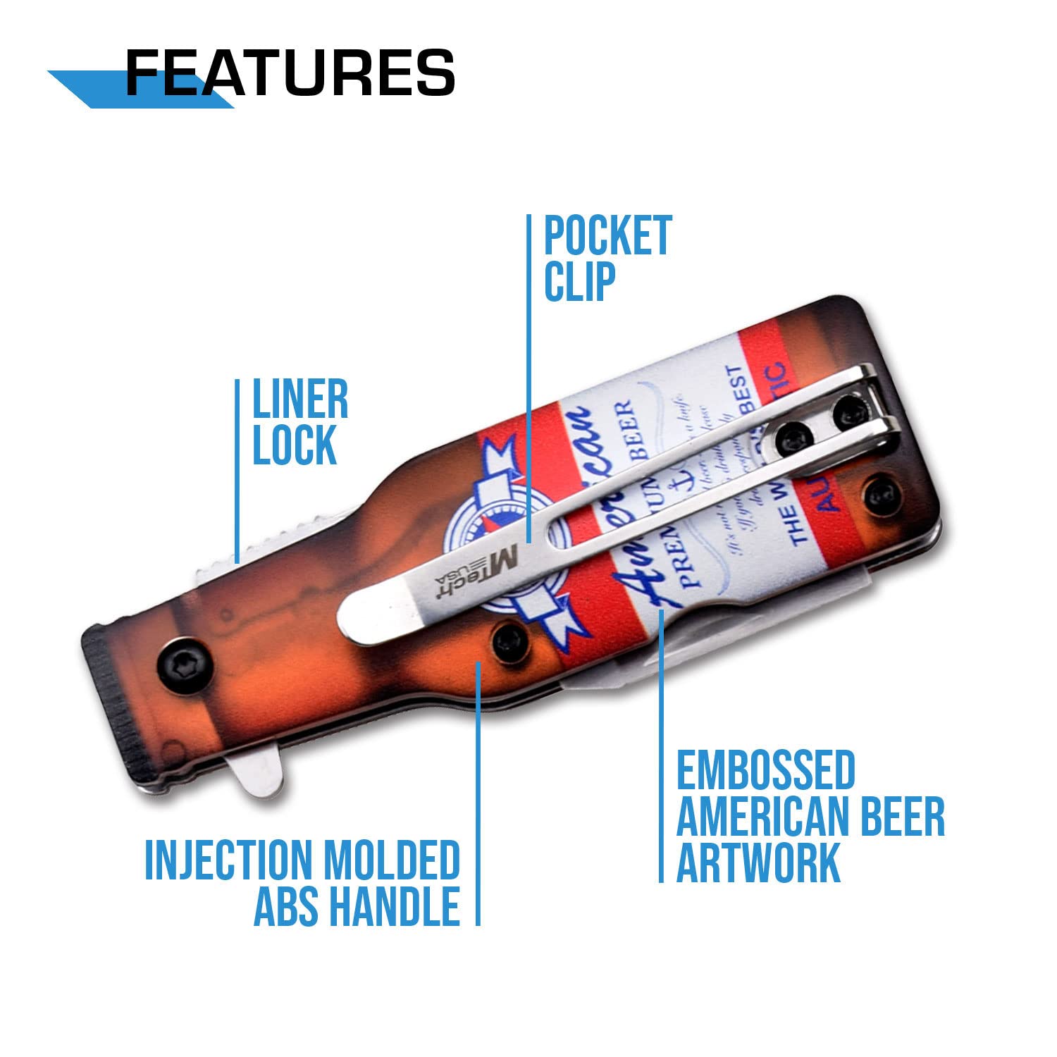 MTECH USA β Spring Assisted Folding Knife β Stands Upright β American Beer Knife - Stainless Steel Blade w/ABS Handle Shaped Like a Bottle, Bottle Opener, Screwdriver, Pocket Clip - EDC β MT-A1195A