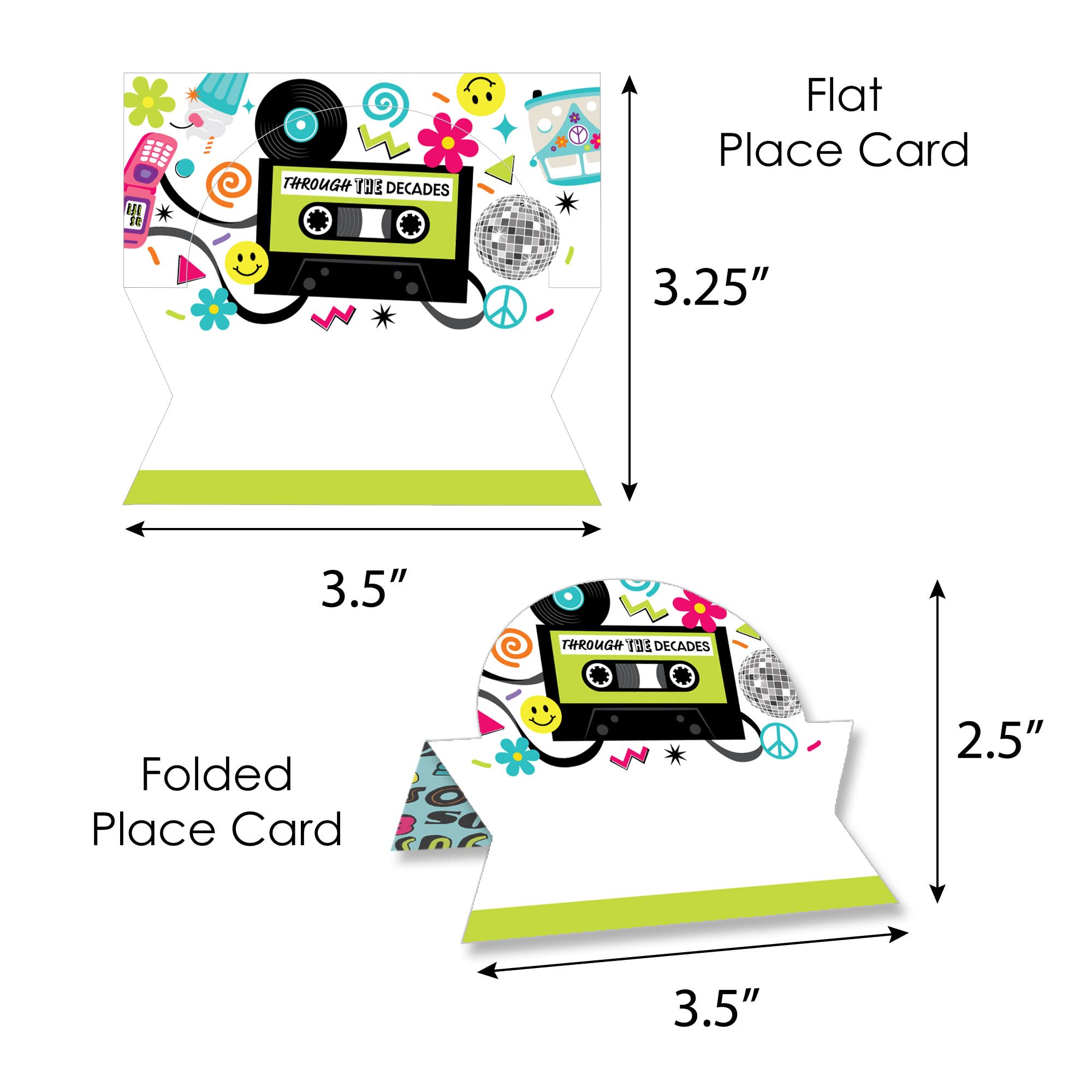 Big Dot of Happiness Through the Decades - 50s, 60s, 70s, 80s, and 90s Party Tent Buffet Card - Table Setting Name Place Cards - Set of 24