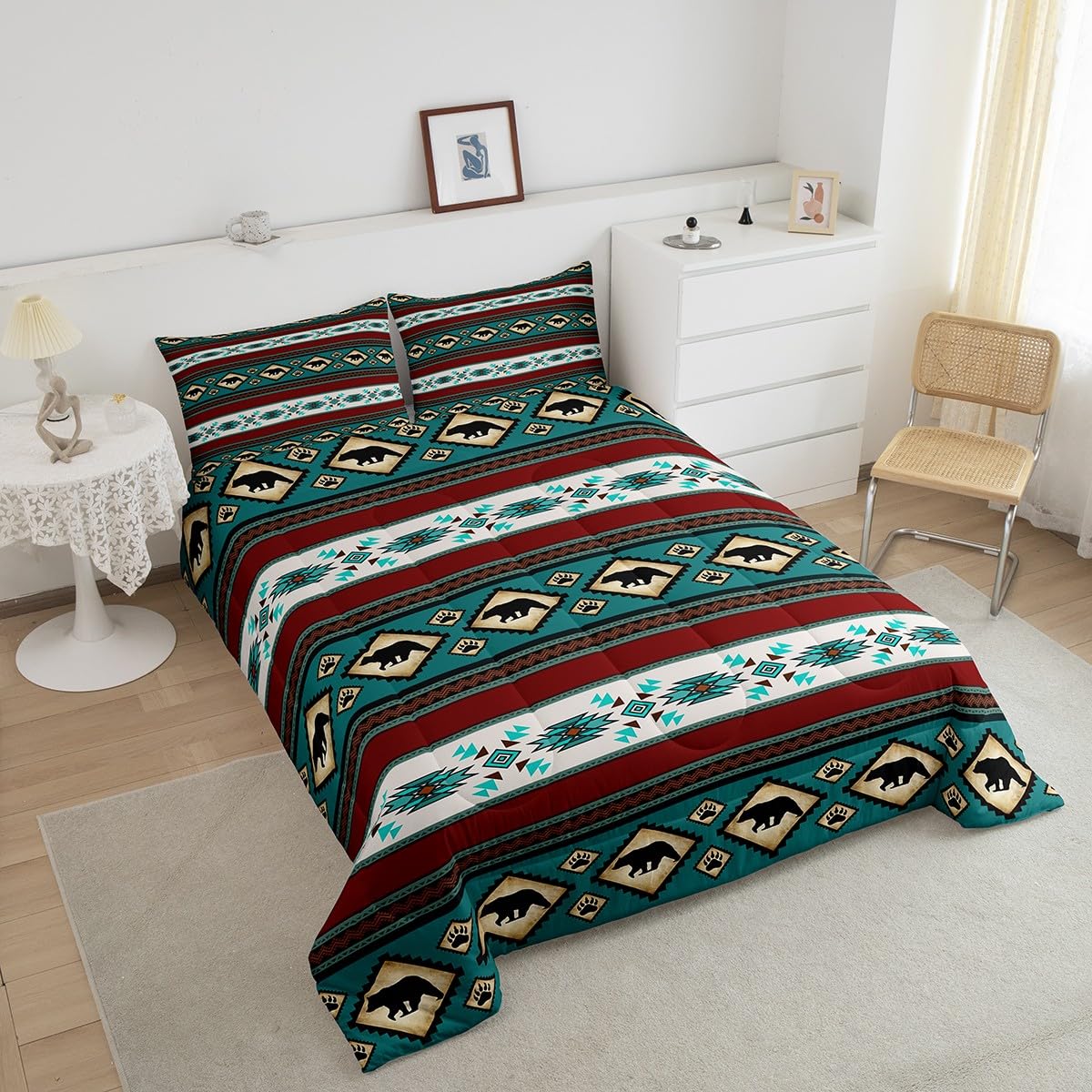 Western Boho Bear Bedding Set Full, Southwestern Aztec Comforter for Kids Boys Girls Boho Exotic Comforter Set Farmhouse Rustic Cabin Duvet Set 3Pcs