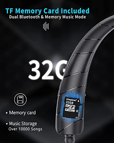 Bluetooth Headphones Speaker 2 in 1,Wireless Neckband Headphones Retractable Earbuds with Built-in TF Memory Card,3D Stereo Sound Wearable Speaker Personal Sports Headset Built in Mic (Black 2023)