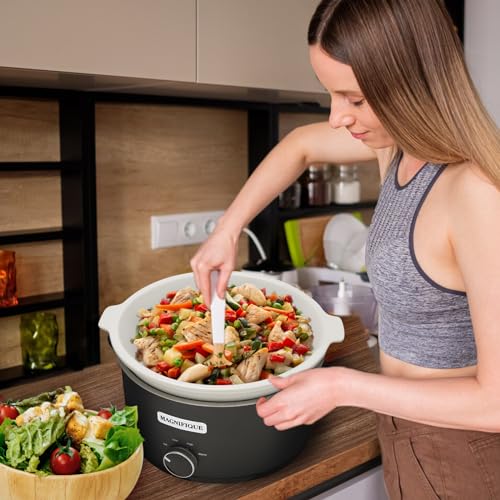 Magnifique 5 Quart Slow Cooker Round Manual Pot Food Warmer with 3 Cooking Settings, Stainless Steel Black and White Ceramic pot