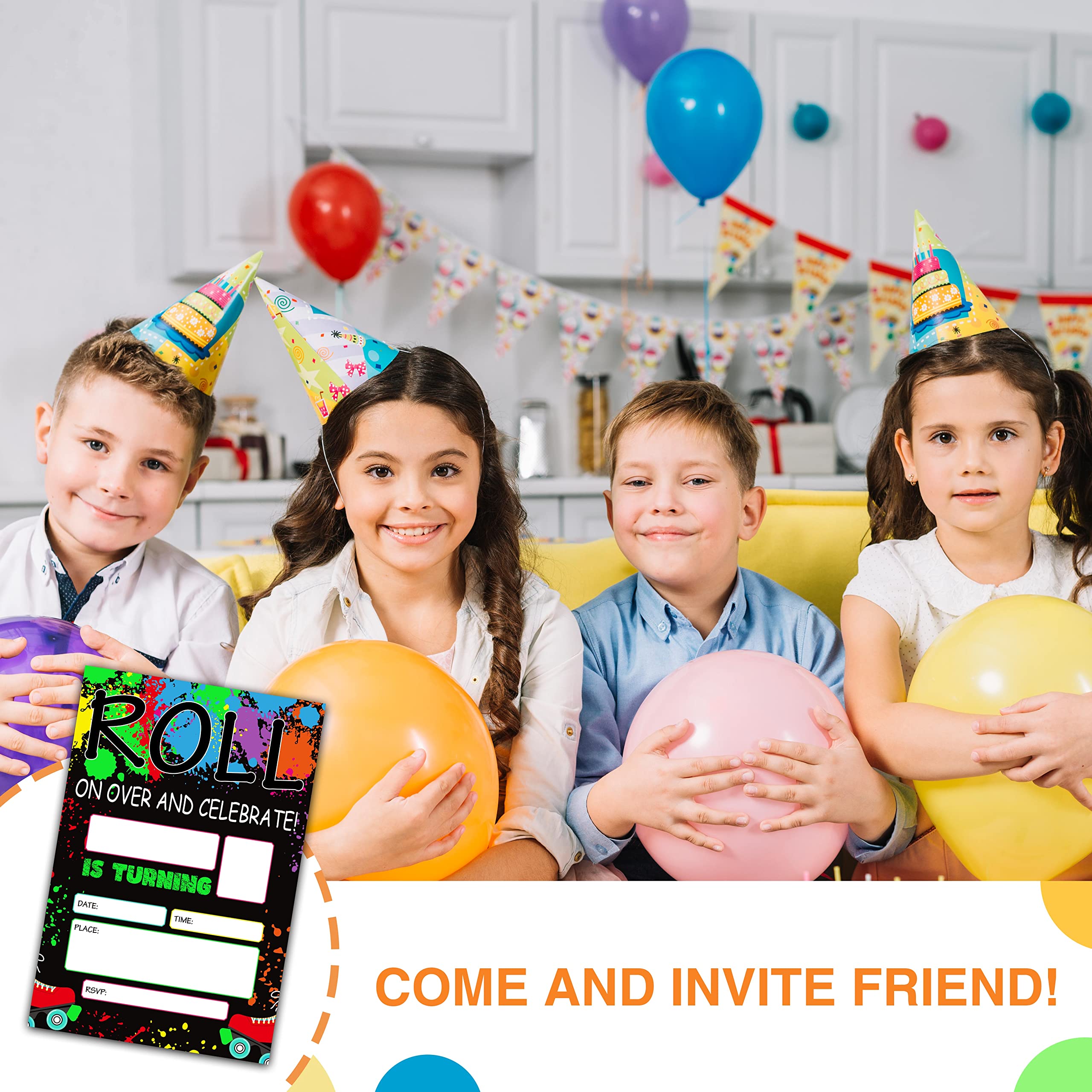 DETIHO 4" x 6" Roller Skating Birthday Party Invitation Cards With Envelopes - Roll On Over And Celebrate - Neon Glow Skate Party Invitation - 20 Sets - E51