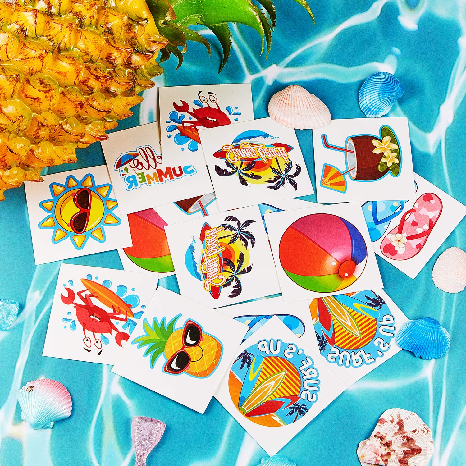 Patelai 144 Pieces Kids Summer Party Tattoos Beach Hawaiian Luau Themed Waterproof Temporary Tattoos, 9 Styles
