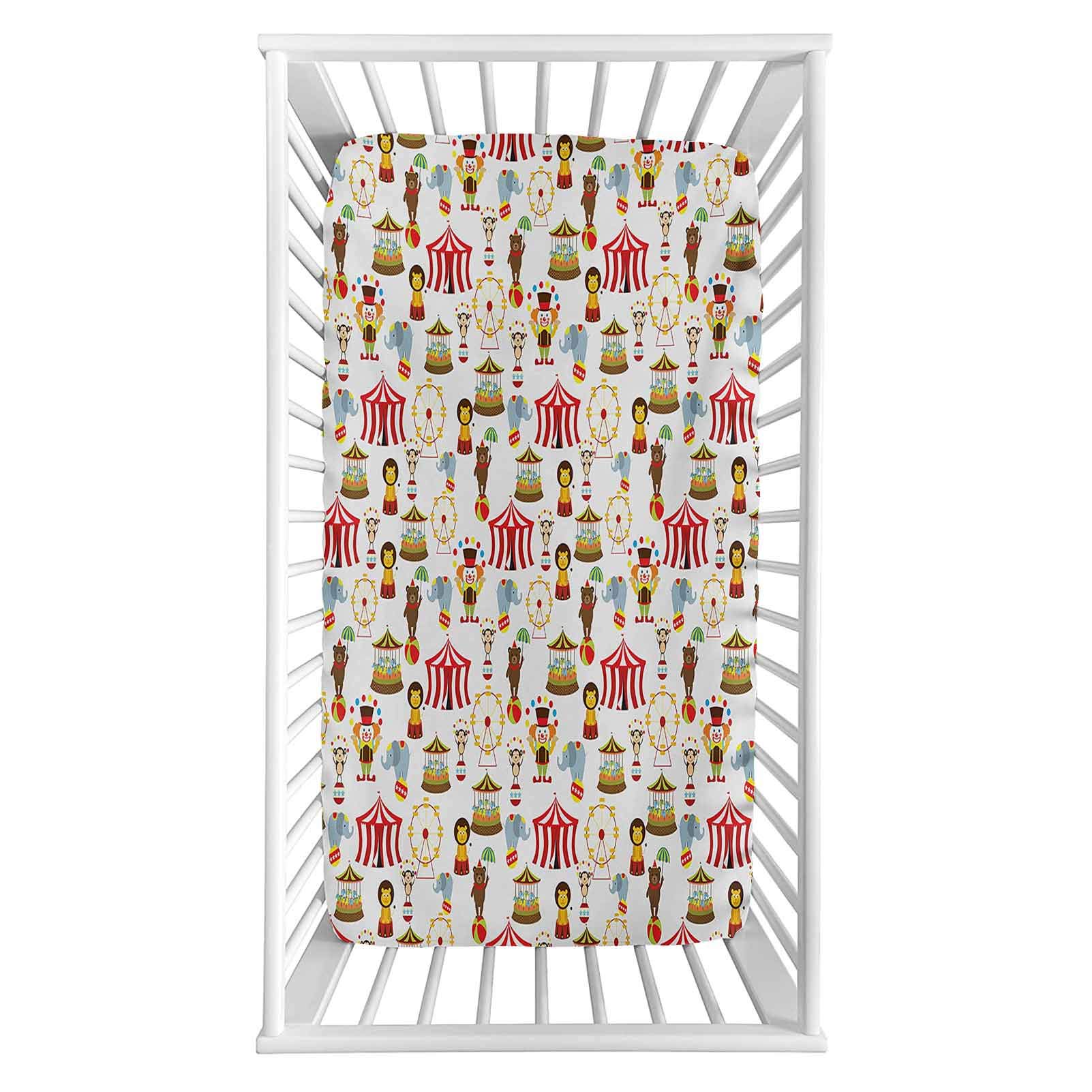 Lyzelre Circus Fitted Crib Sheet,Circus Bear Monkey Animals Merry Go Round Magic Classic Celebration Print Microfiber Silky Soft Toddler Mattress Sheet Fitted,28"x 52"x 8'',Baby Sheet for Boys Girls