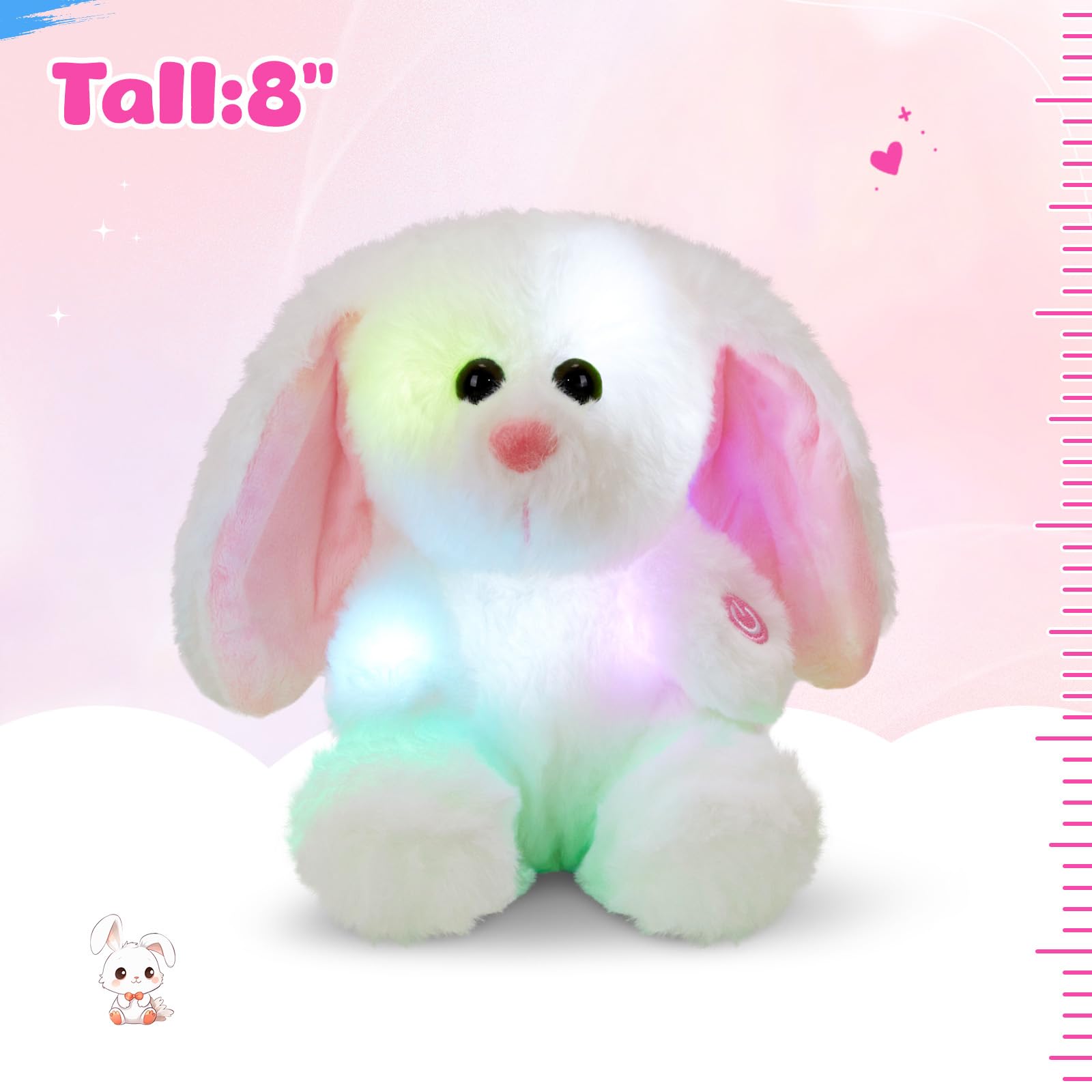 BSTAOFY 8'' Easter Light up White Bunny Soft Plush Toy LED Rabbit Lop Ear Night Light Stuffed Animals Easter Birthday Valentines Day Easter Christmas Festival Gift for Kids Toddlers