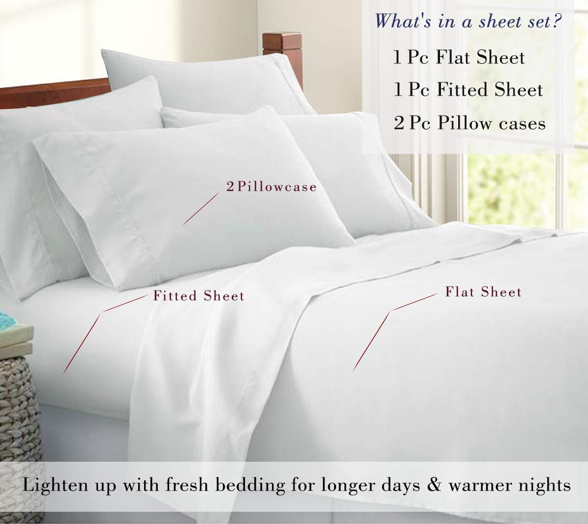 4 Piece Sheets Set 100% Natural Cotton 1000 Thread Count 18 inch Deep Pocket Solid Bedding Collection - Flat Bedsheet, Fitted Sheet & 2 Pillowcases (Queen, White)