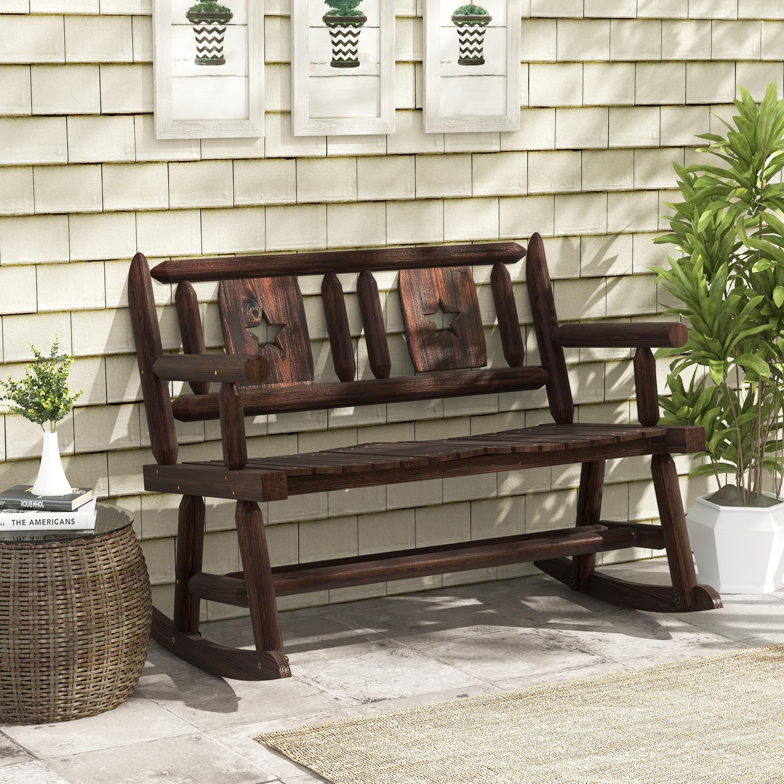 Tangkula Patio Rocking Bench, Carbonized Wood Double Rocker Chair with Ergonomic Seat, 2-Person Solid Wood Rocking Loveseat for Backyard, Porch, Garden, Rustic Farmhouse Style (1, Rustic Brown)