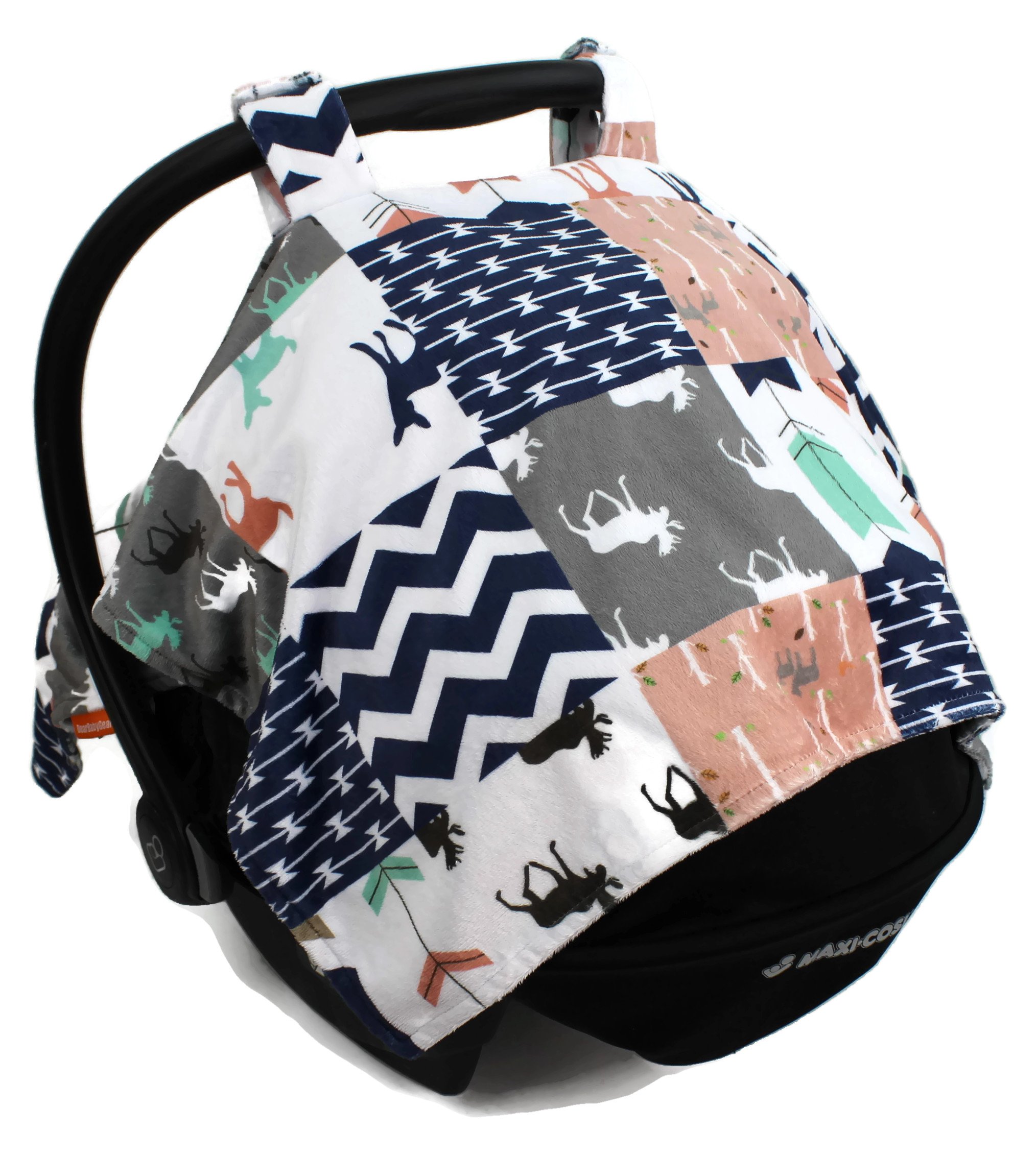 Dear Baby Gear Deluxe Reversible Car Seat Canopy, Custom Minky Print, Woodland Deer Quilt Feathers Pink Mint