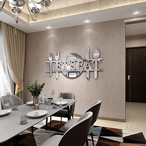Doeean Let's Eat Sign Acrylic 3D Mirror Wall Decor Wall Decals Decorations Stickers for Kitchen or Dining Room (Silver 26.3 X 13.2)