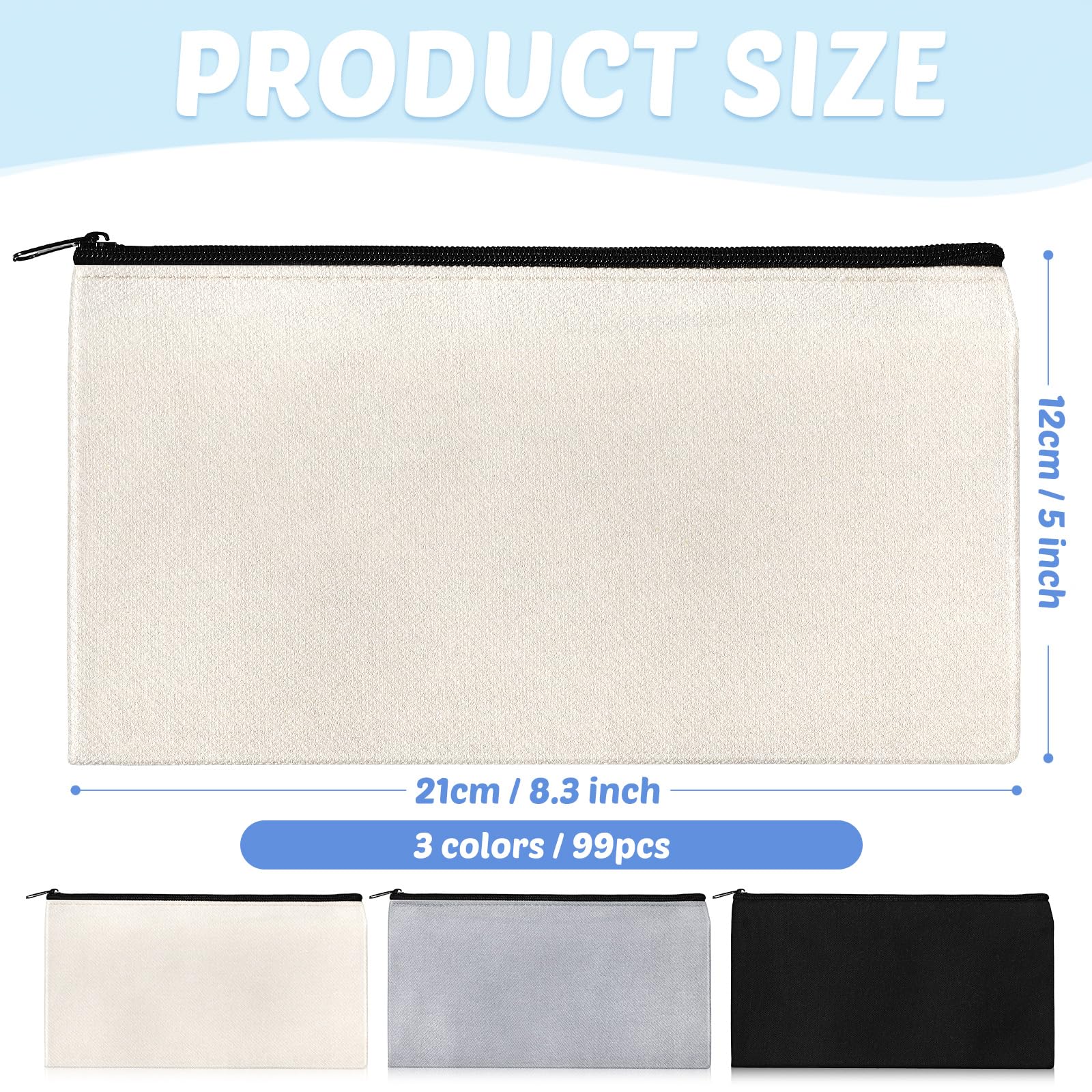 99 Pack Blank Canvas Bag Bulk DIY Craft Canvas Zipper Pouch Sublimation Blanks Canvas Makeup Bag Canvas Pouch Pencil Bag Cosmetic Travel Toiletry Storage Zipper Bag 8.3 x 5 Inch(Gray, Black, White)