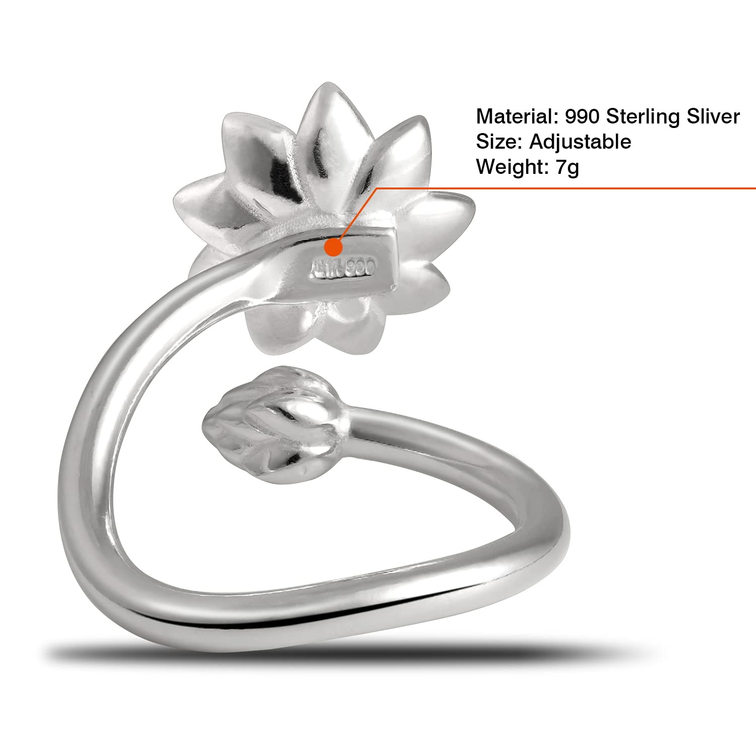 990 Silver Fidget Ring [Lotus Version] for women and girls, adjustable size anxiety relief gift for her (with premium black-green box)