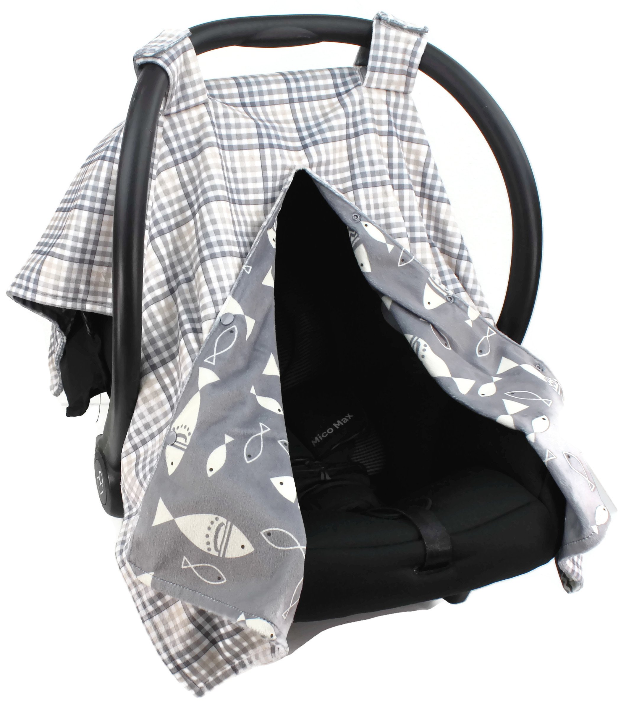 Dear Baby Gear Deluxe Reversible Car Seat Canopy, Custom Minky Print, Fish on Grey/Grey Tan Plaid