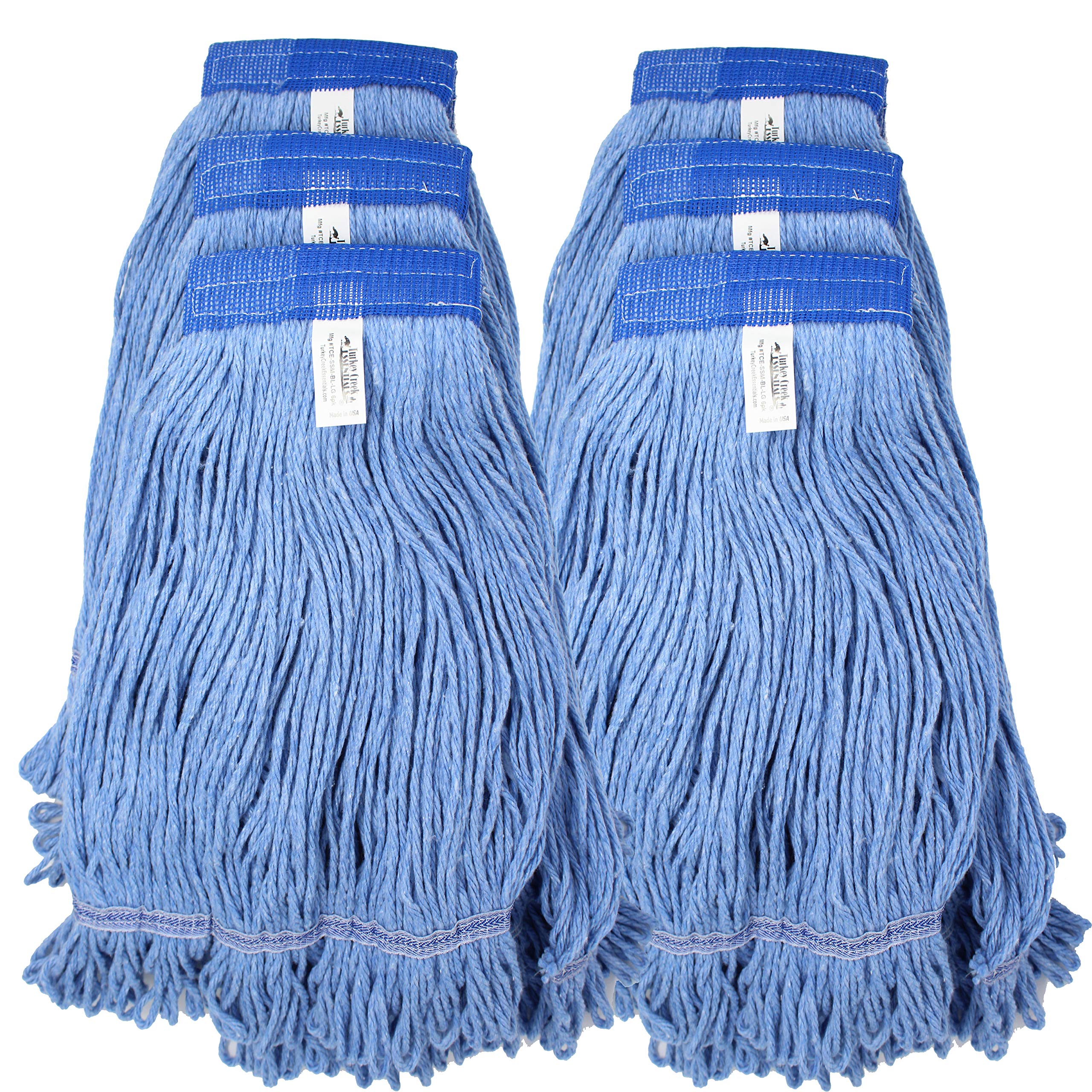 Turkey Creek Essentials Mop Heads Commercial Grade USA Made Looped End Heavy Duty Large Mop Head of Blue 4-Ply Synthetic Yarn Industrial Wet Mop Head Replacement and String Mop Refills (6, Large)