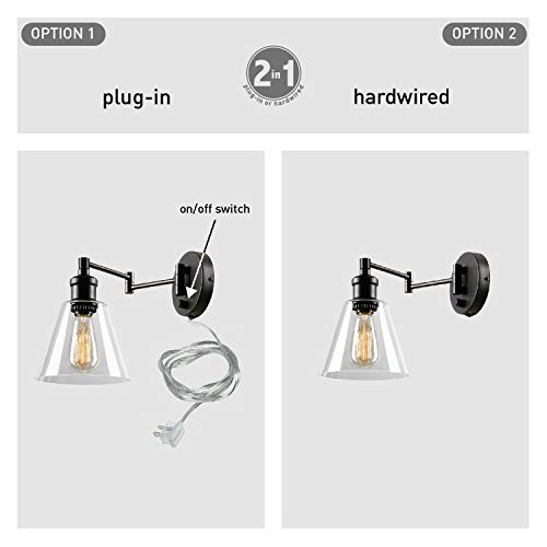Globe Electric 65311 1-Light Plug-in or Hardwire Industrial Wall Sconce, Dark Bronze Finish, On/Off Rotary Switch, 6ft Clear Cord, Clear Glass Shade, Wall Lights for Bedroom Plug in, Kitchen Sconces
