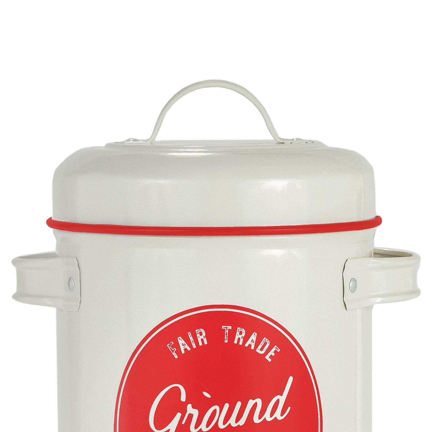 Amici Home Fair Trade Metal Coffee Canister | White/Red Storage Container with Handles | 64 Ounce Capacity | Coffee Canister with Lid for Kitchen Countertop