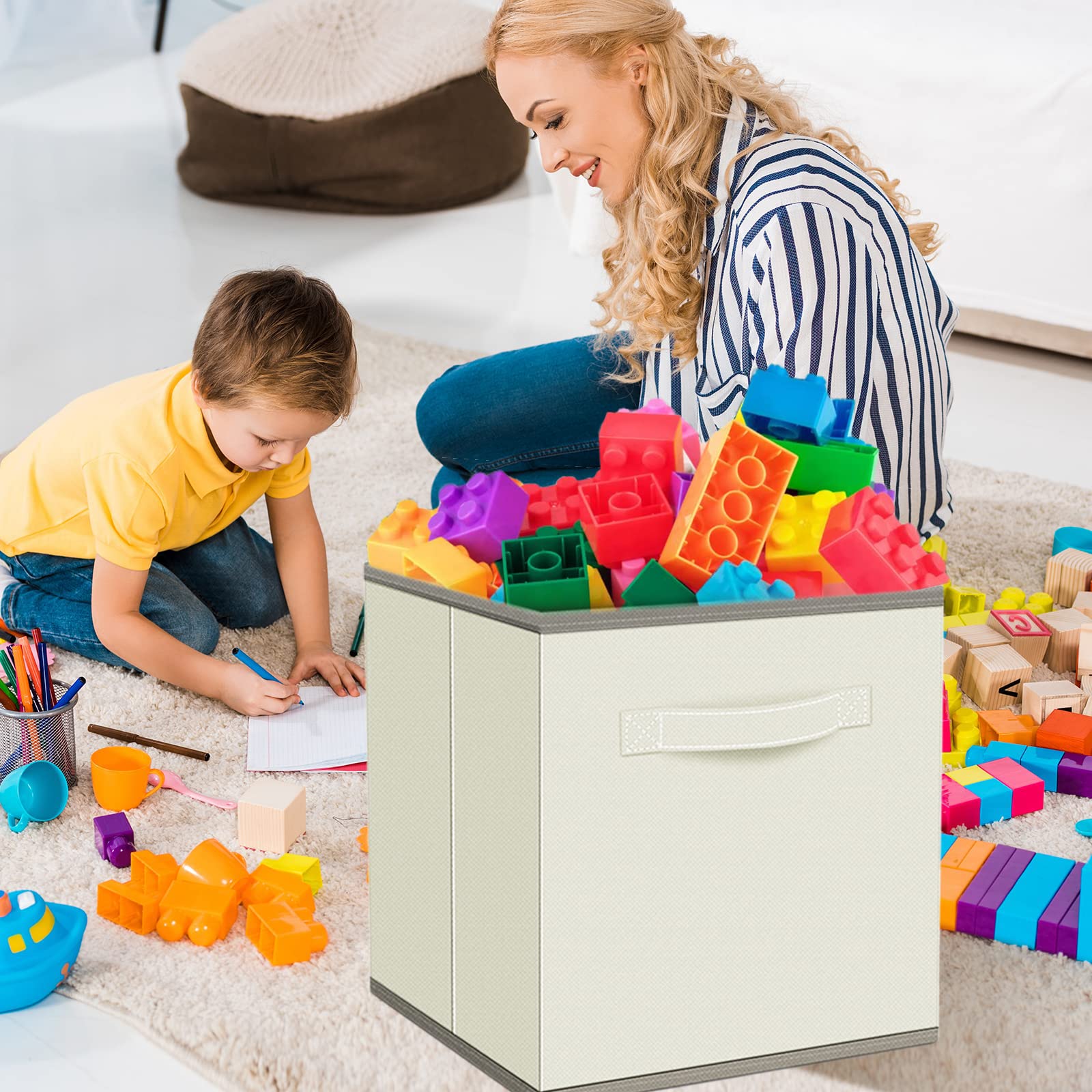 FAYYGYH Foldable Fabric Cube Storage Bins with Handles - Set of 3 Storage Box, Kids Toy Storage Organizer Boxes for Boys, Girls, Nursery Room, Playroom, Closet (Beige)