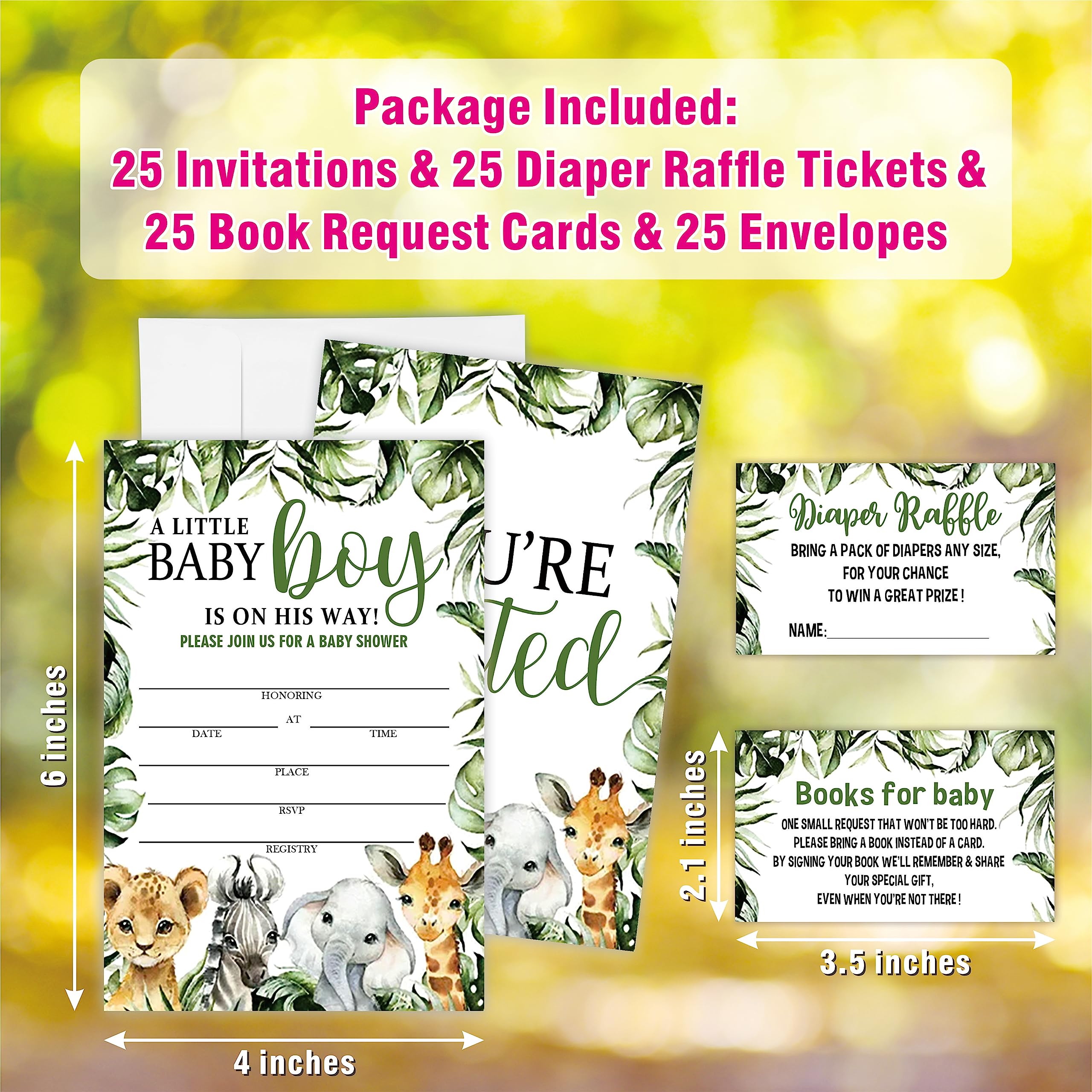 Baby Boy Baby Shower Invitation Set - Greenery Animals Theme - 25 Invites & Envelopes,25 Dipaer Raffle Tickets & 25 Book Request Cards - Gender Reveal Party Supplies -TZ-A06