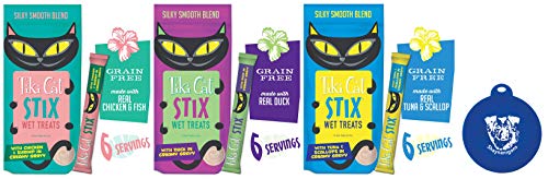 Tiki Cat Stix Wet Mousse Single-Serve Treats in 3-Flavor Bundle: 1 Tuna and Scallops, 1 Duck and 1 Chicken and Shrimp (3 Packs Total, 6 Stix per Pack, 18 Stix Total) Plus Shaynanigans Silicone Lid