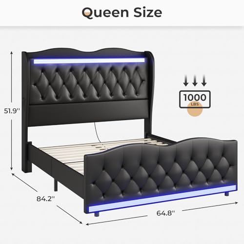 ADORNEVE LED Bed Frame Queen Size with Tall Headboard Footboard, Charging Station, PU Leather Upholstered Platform Queen Bed with Wingback Storage Headboard, Innovative Stable Structure, Black