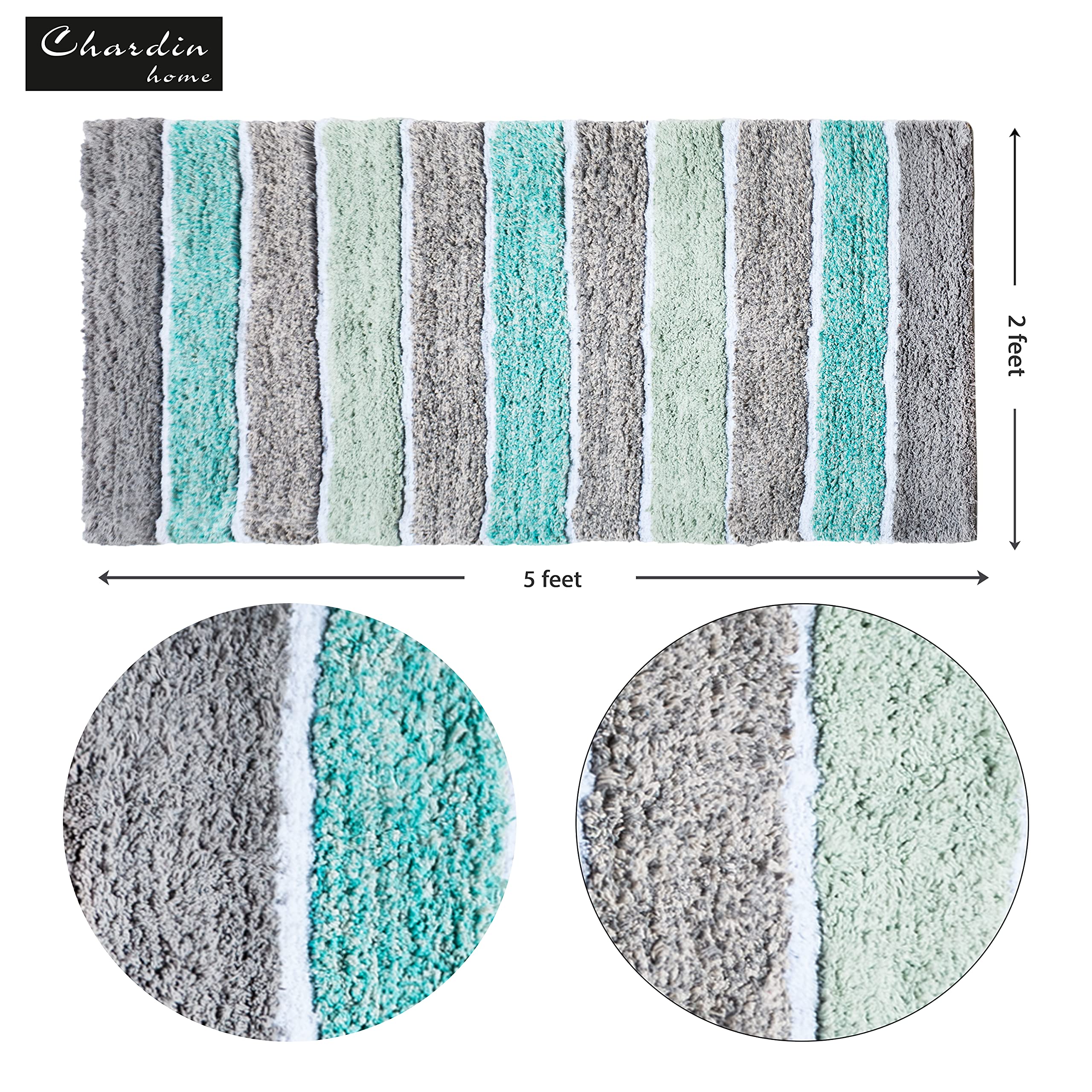 Chardin home Cordural Stripe Bath Rug Runner with Skid Resistant Latex Spray Underneath. Mint Green/Grey, 24" W x 60'' L