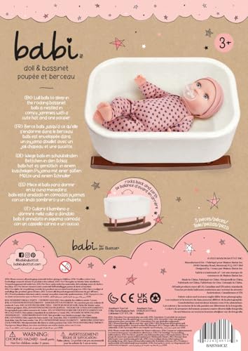 Battat Babi 14-inch Baby Girl Doll & Bassinet – Medium-Light Skin Tone & Gray Eyes – Removable Heart Polka Dot Pajama with Pacifier – Rocking Cradle Pretend-Play–Toys for Kids Ages 3 and Up