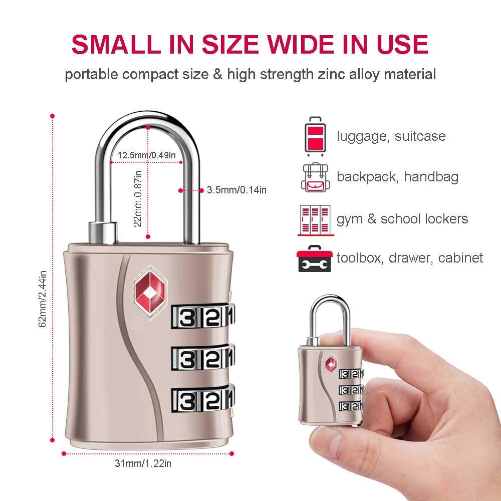 ZHEGE Luggage Locks, TSA Approved Locks, 3 Dial Zipper Lock with (80CM) Cable for Suitcases, Backpack, Baggage (Rose Gold, 2 Pack)