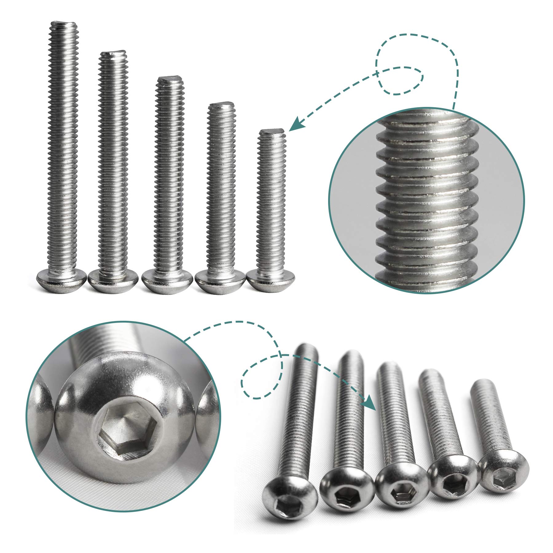 M5 x 20mm 25mm 30mm 35mm 40mm Button Head Socket Cap Screws Bolts, 304 Stainless Steel, Bright Finish, Metric Allen Hex Drive, Fully Threaded, 50PCS