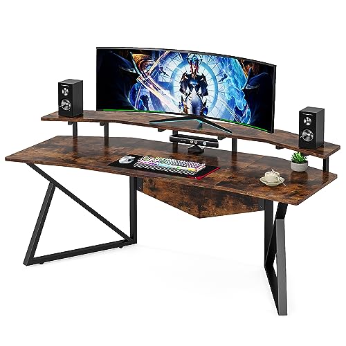 LITTLE TREE 70.9" Large Computer Desk Home Office Desk Wing-Shaped Gaming Studio Desk, Rustic Brown
