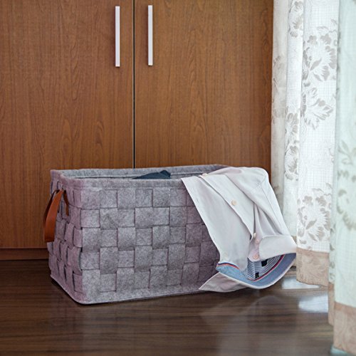 Felt Storage Baskets Organizer, Home Decoration Fabric Folding Knitted Organizers Box Cubes with Leather Handles (Rectangle-Lightgary)